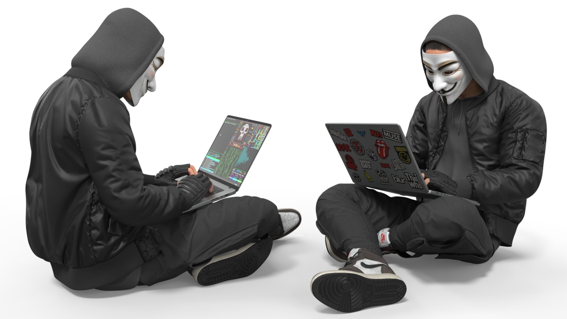 3D Hacker In Anonymous Mask Sitting Pose - TurboSquid 2426107