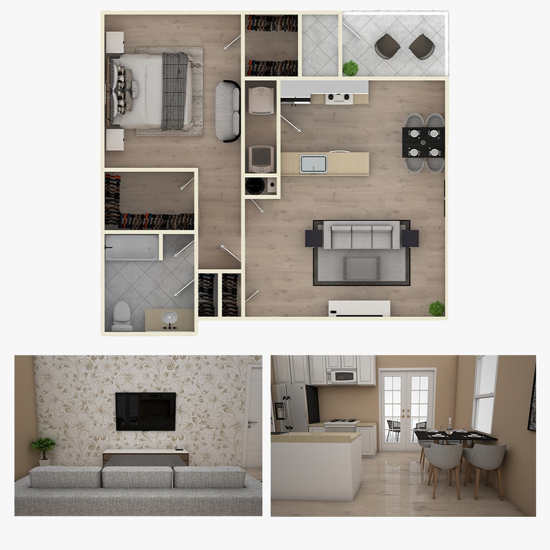 One Bedroom Apartment 3D Floor Plan 3D - TurboSquid 2063795