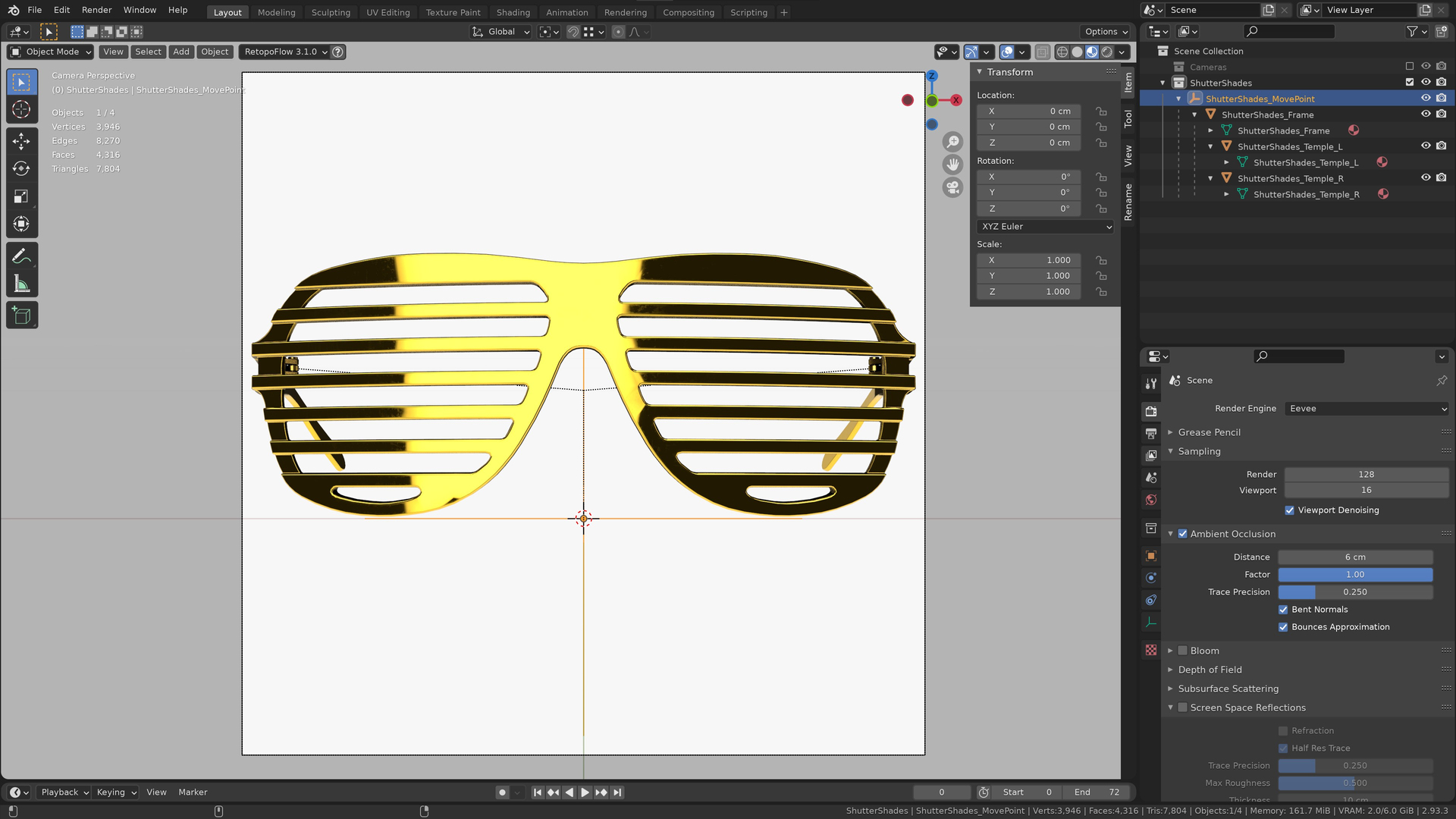 Gold Shutter Shades Sunglasses - Game Asset 3D - TurboSquid 1778088
