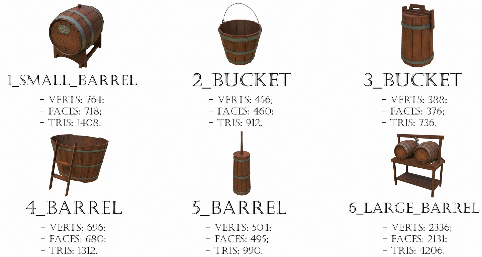 3D Set Of 6 Medieval Wooden Barrels And Buckets Model - TurboSquid 1844170