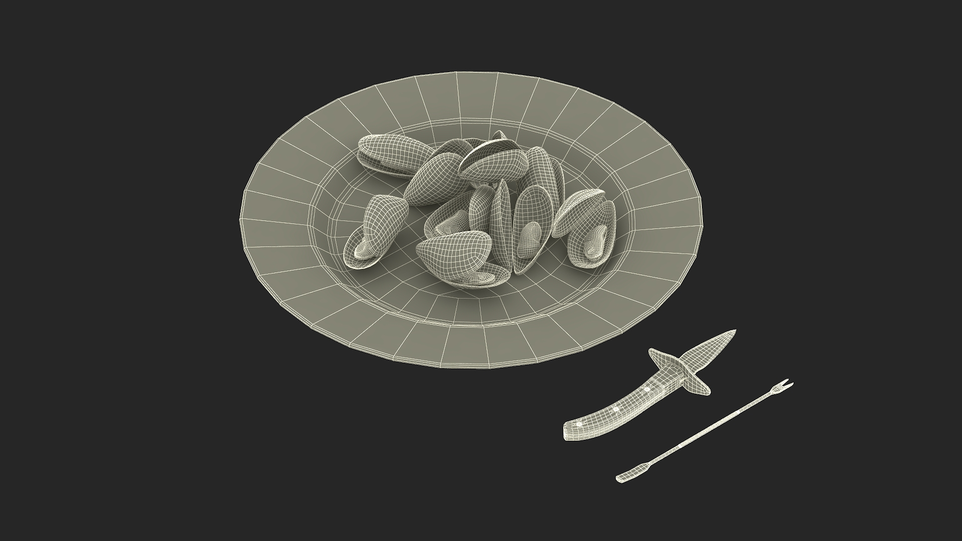 3D Model Boiled Mussels With Seafood Knife Fork - TurboSquid 2347107
