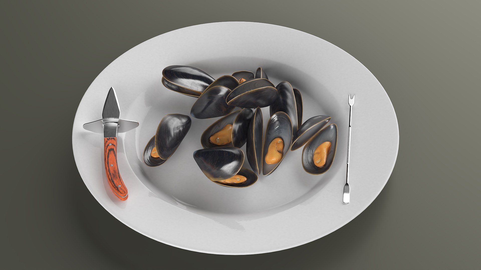 3D Model Boiled Mussels With Seafood Knife Fork - TurboSquid 2347107