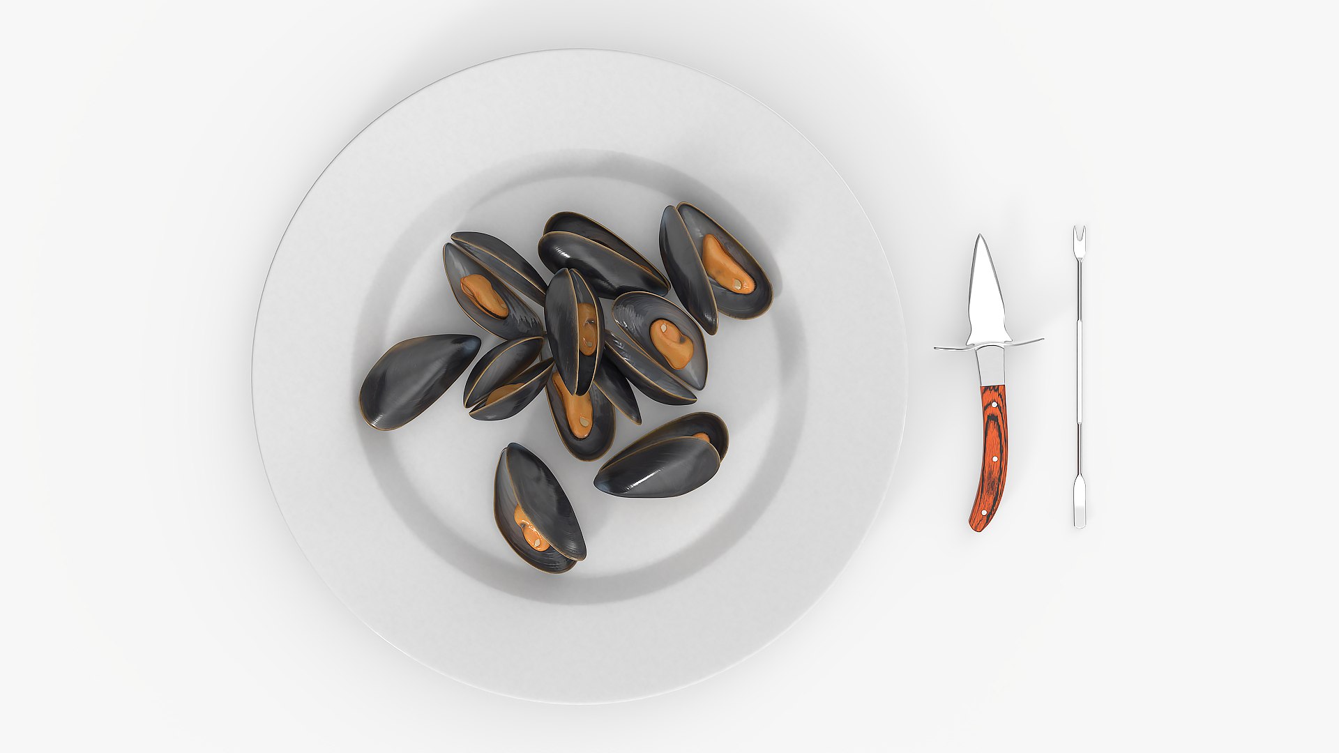 3D Model Boiled Mussels With Seafood Knife Fork - TurboSquid 2347107