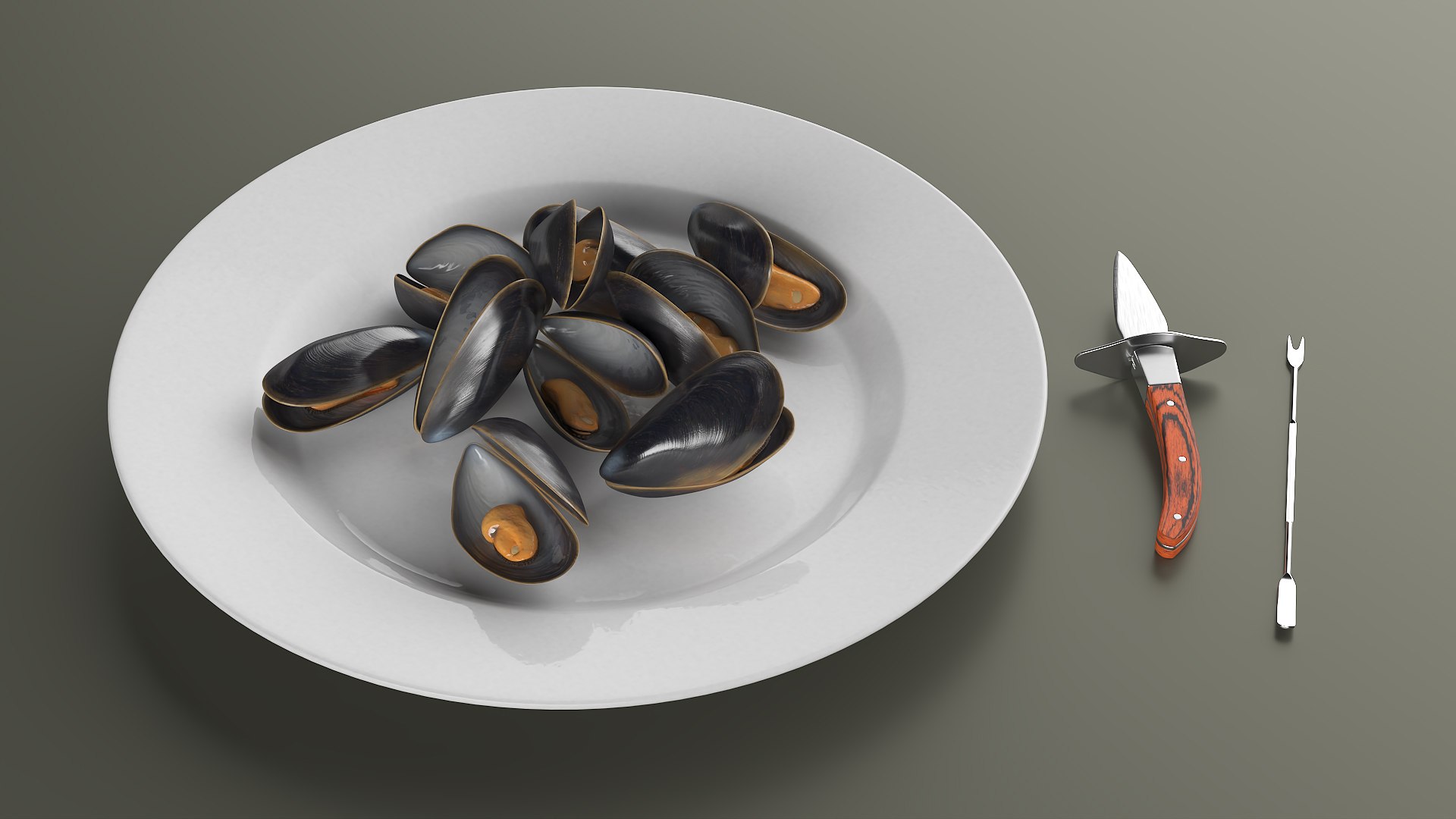3D Model Boiled Mussels With Seafood Knife Fork - TurboSquid 2347107