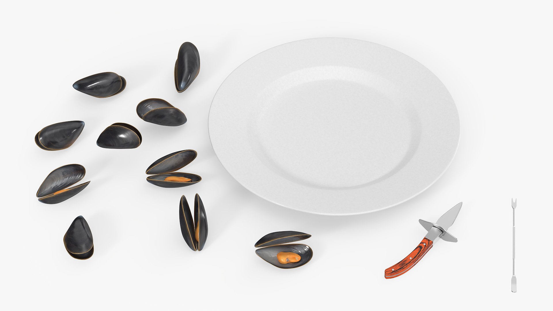 3D Model Boiled Mussels With Seafood Knife Fork - TurboSquid 2347107