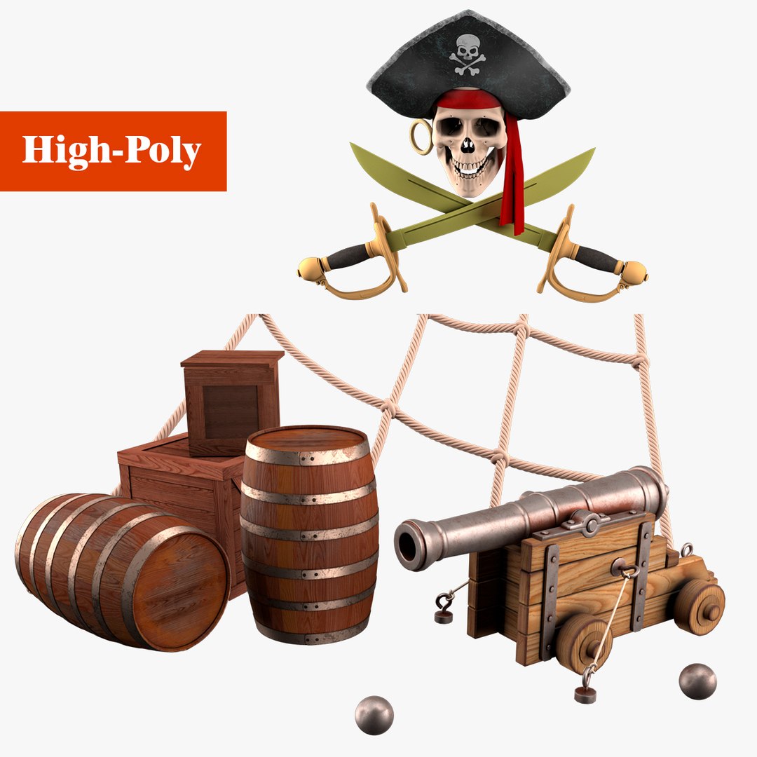 Pirate Cannon Barrels And Boxes Pirate Skull High-poly 3D Model ...