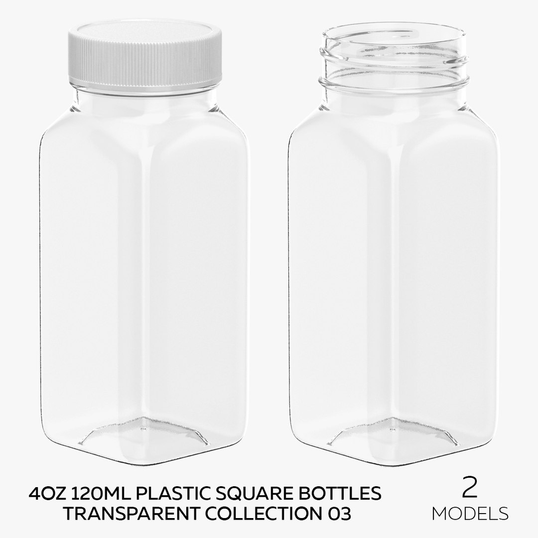 3D 4oz 120ml Plastic Square Bottles Transparent Collection 03 - 2 ...
