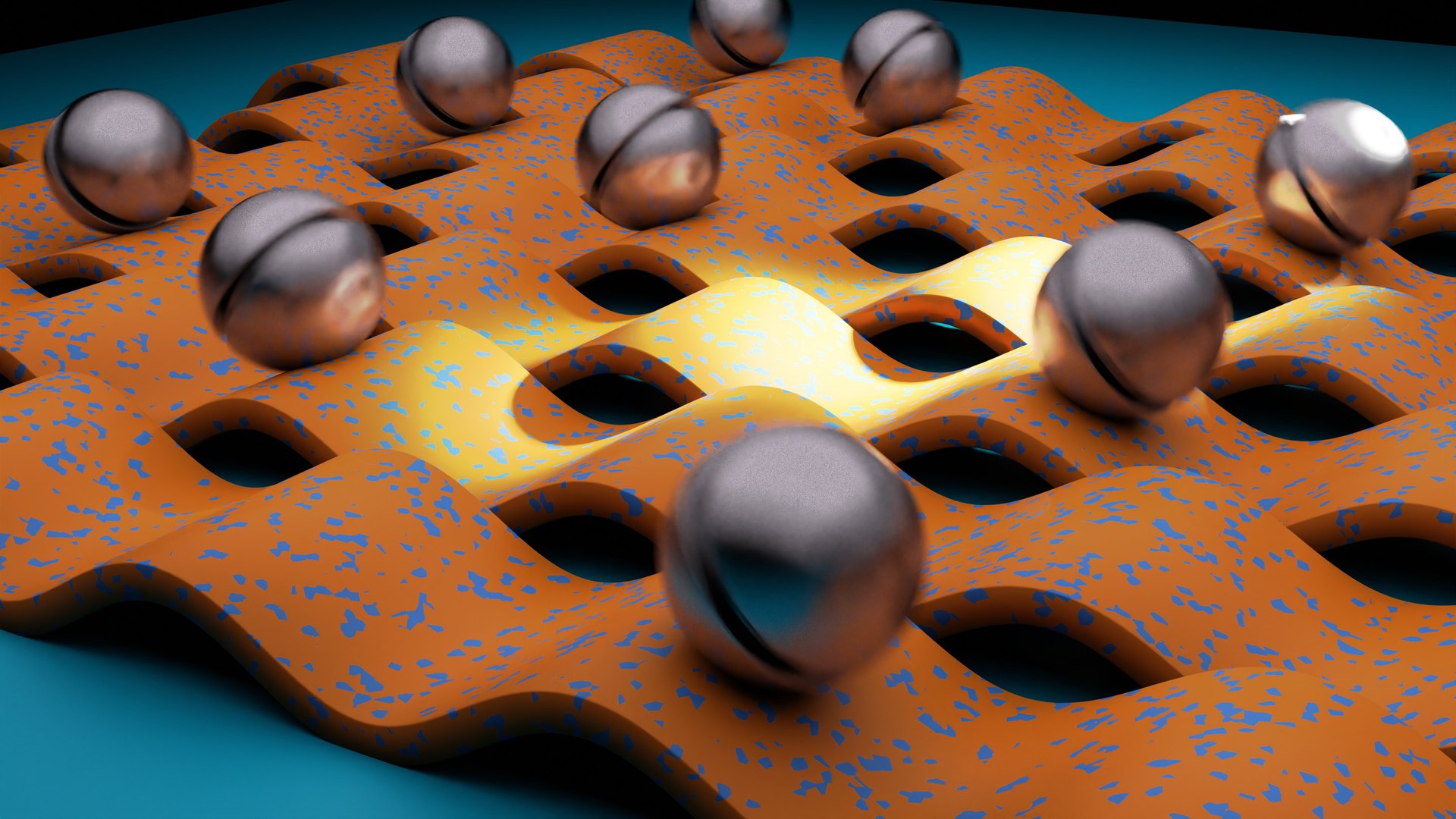 3D looping animation of metal balls rolling on a wavy surface model ...