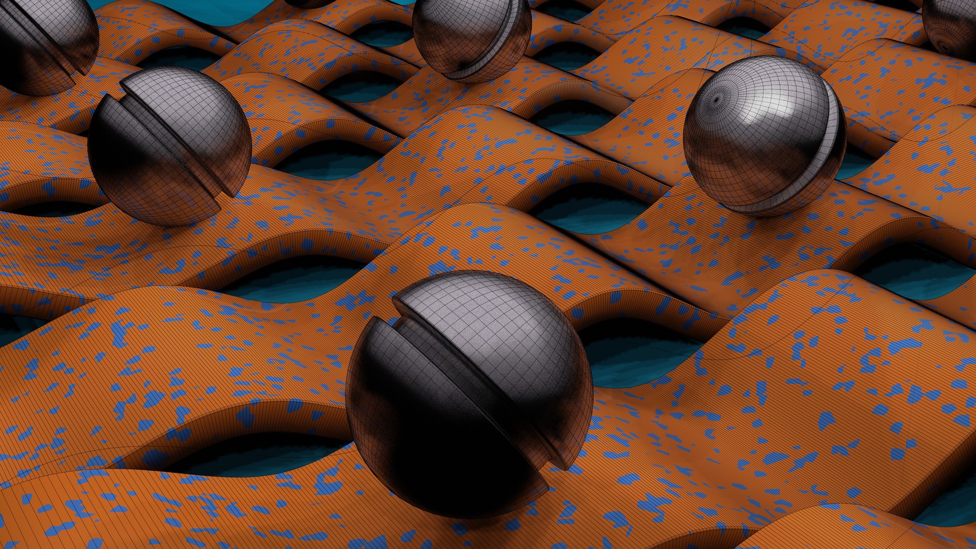 3D looping animation of metal balls rolling on a wavy surface model ...