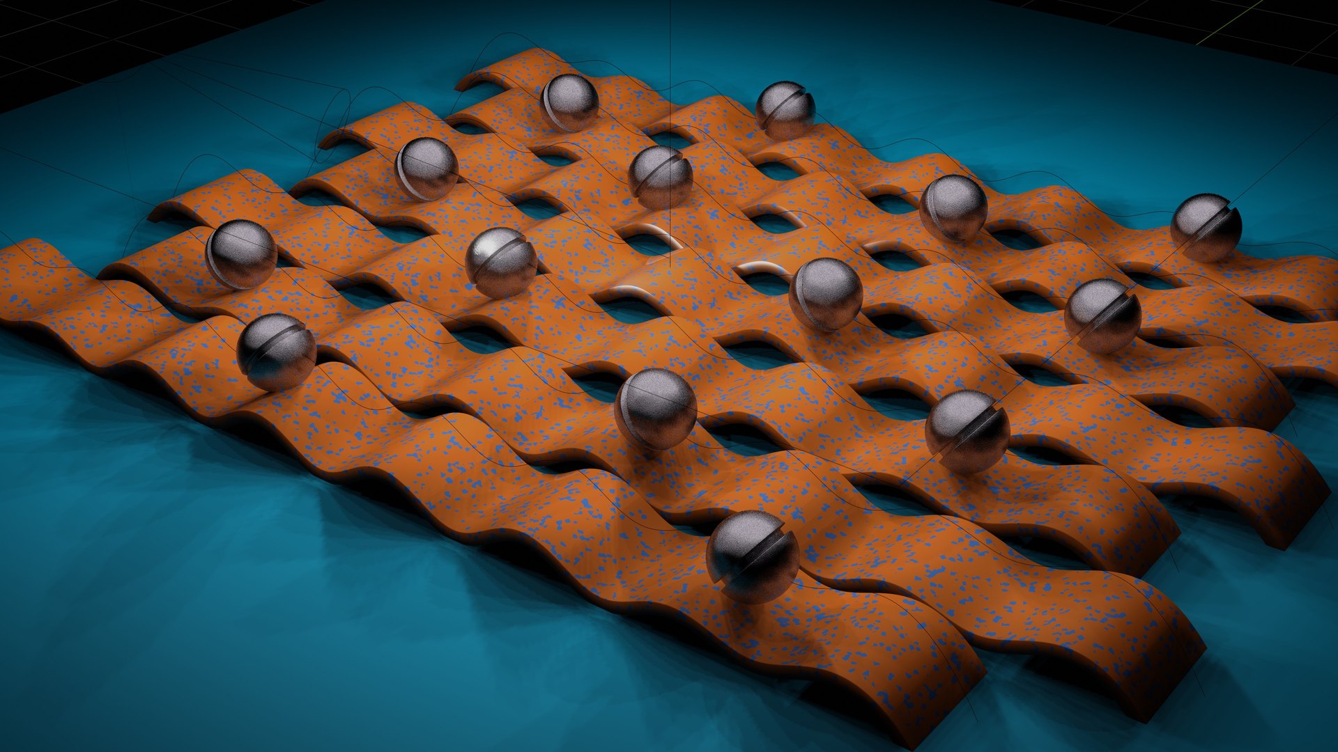 3D looping animation of metal balls rolling on a wavy surface model ...