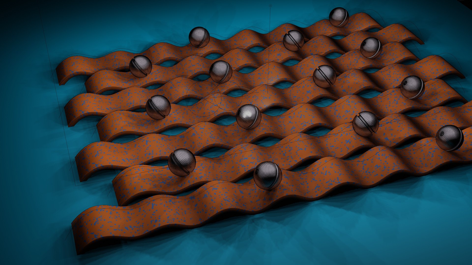 3D looping animation of metal balls rolling on a wavy surface model ...