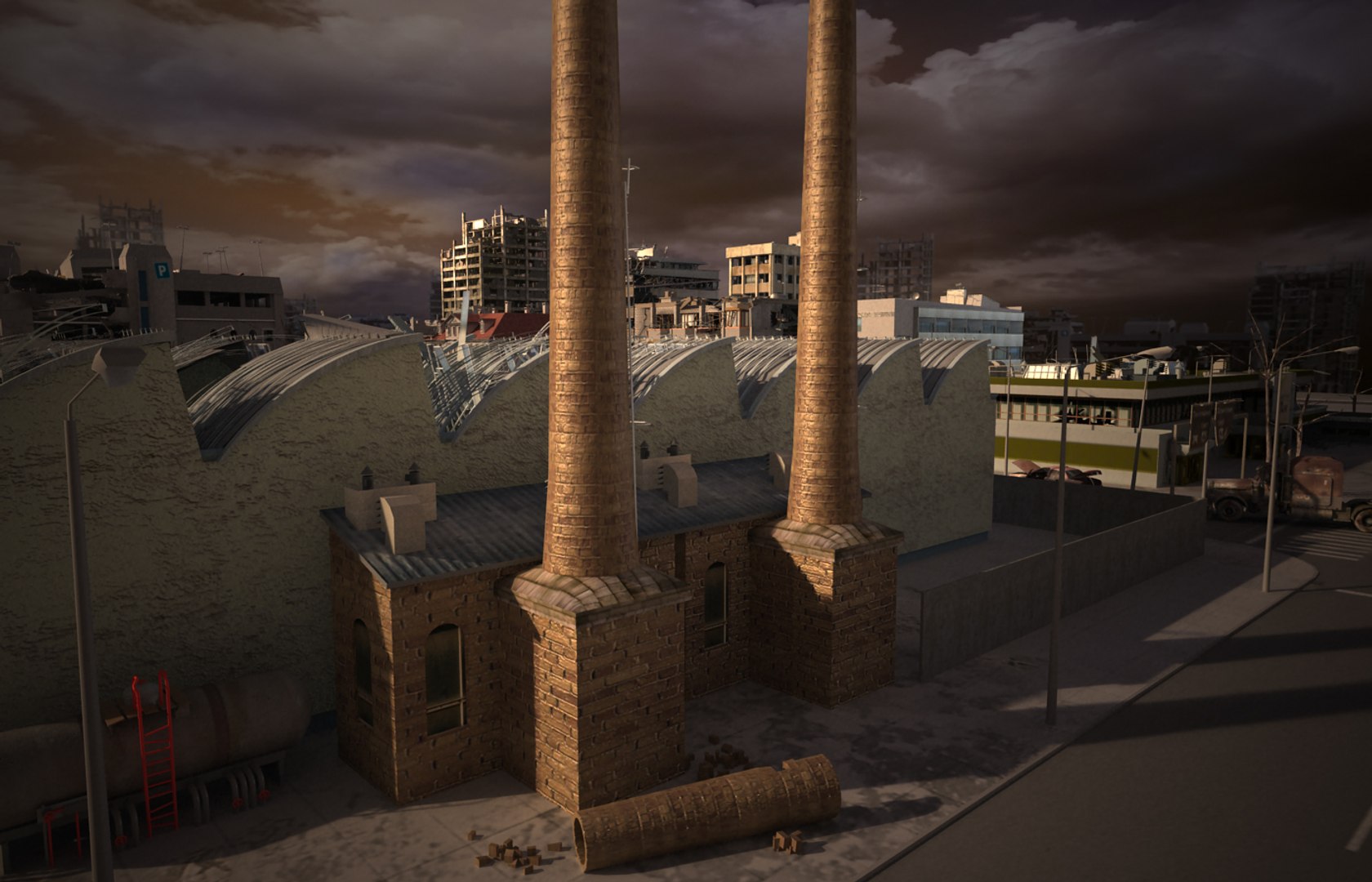 3d destroyed ruined city v-ray