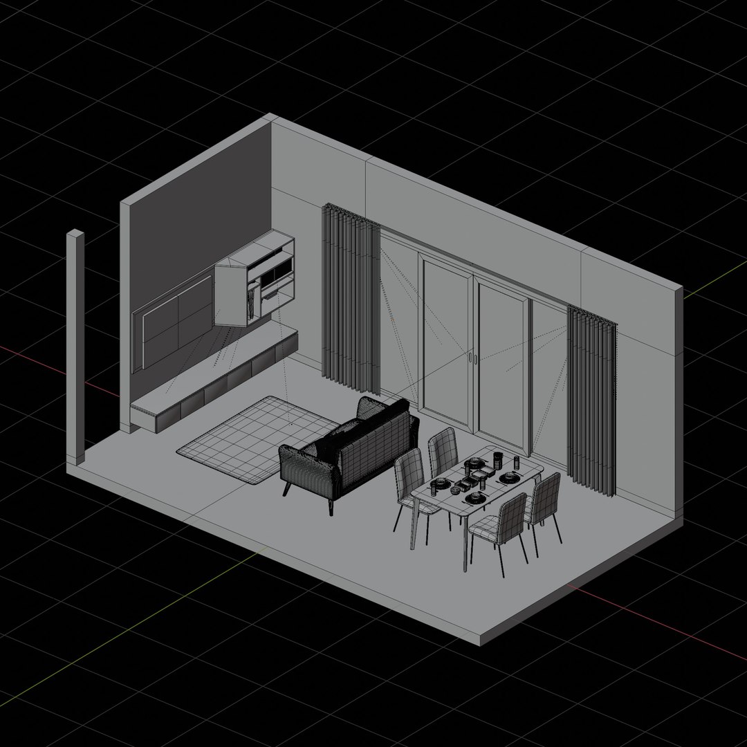3D Isometric Dining Living Room Wood Theme - TurboSquid 2433752