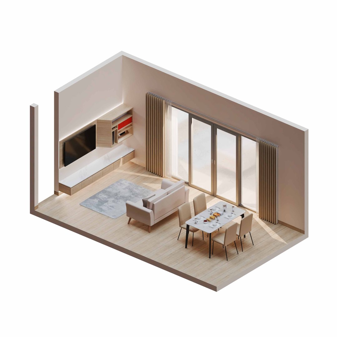 3D Isometric Dining Living Room Wood Theme - TurboSquid 2433752