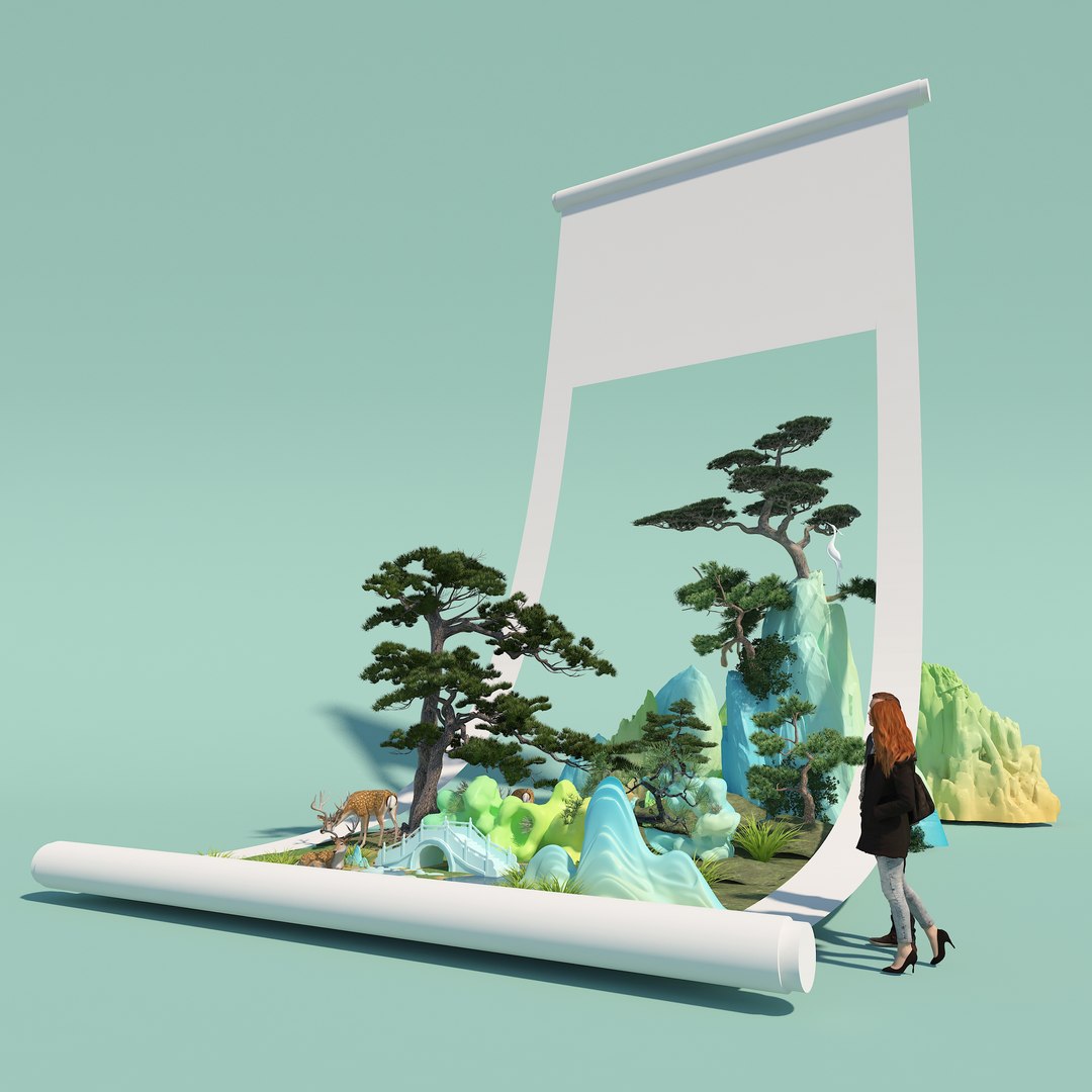 Chinese scroll three-dimensional landscape painting Chinese landscape ...