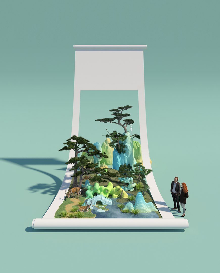 Chinese scroll three-dimensional landscape painting Chinese landscape ...