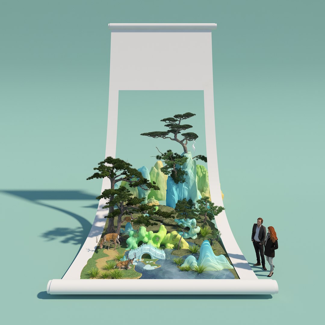 Chinese scroll three-dimensional landscape painting Chinese landscape ...