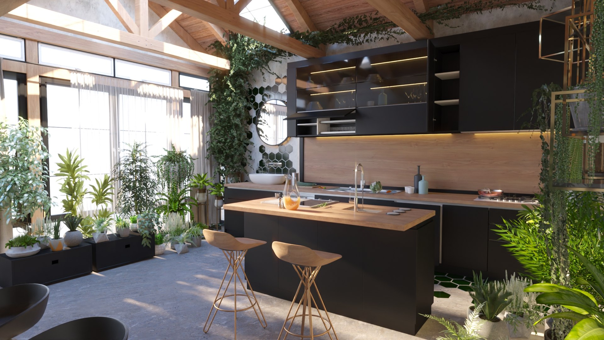 3D modern Kitchen with plants model - TurboSquid 2053602