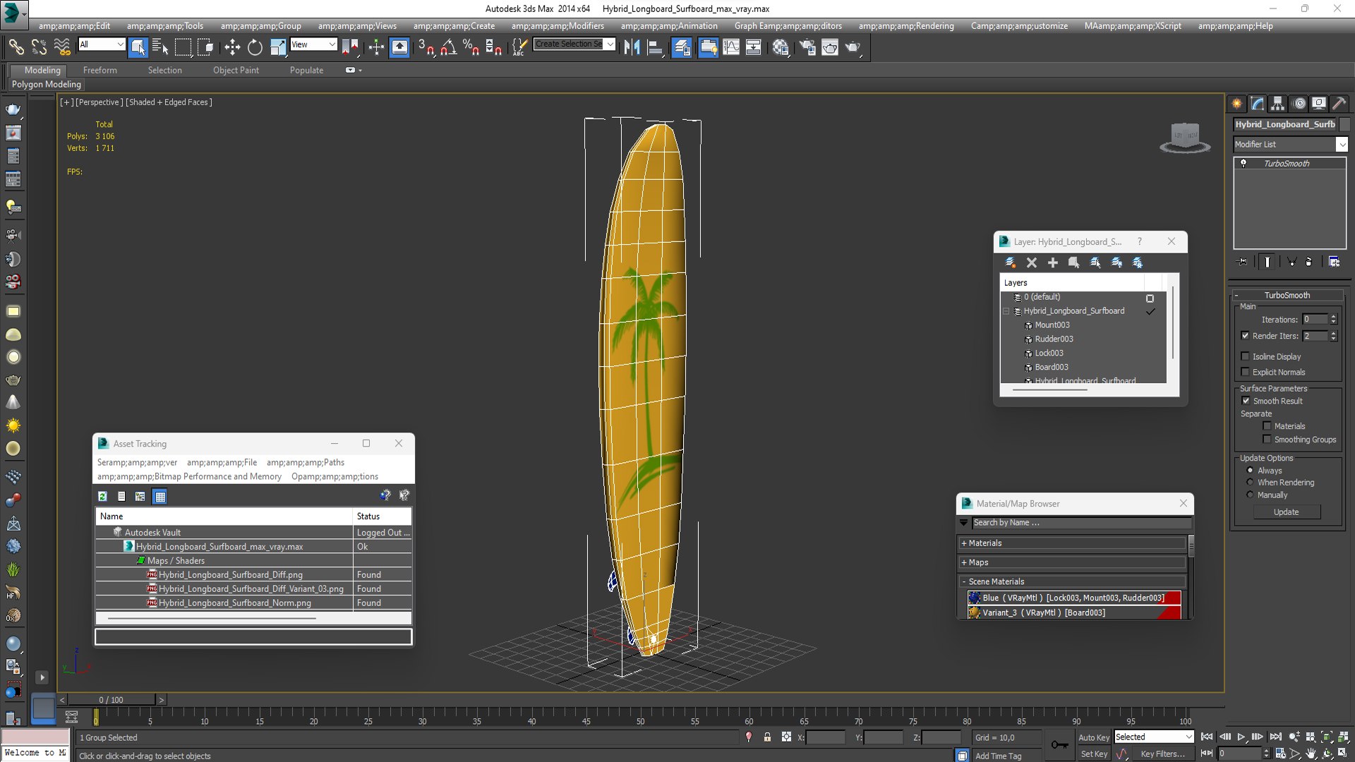 3D Hybrid Longboard Surfboard Model - TurboSquid 2148957
