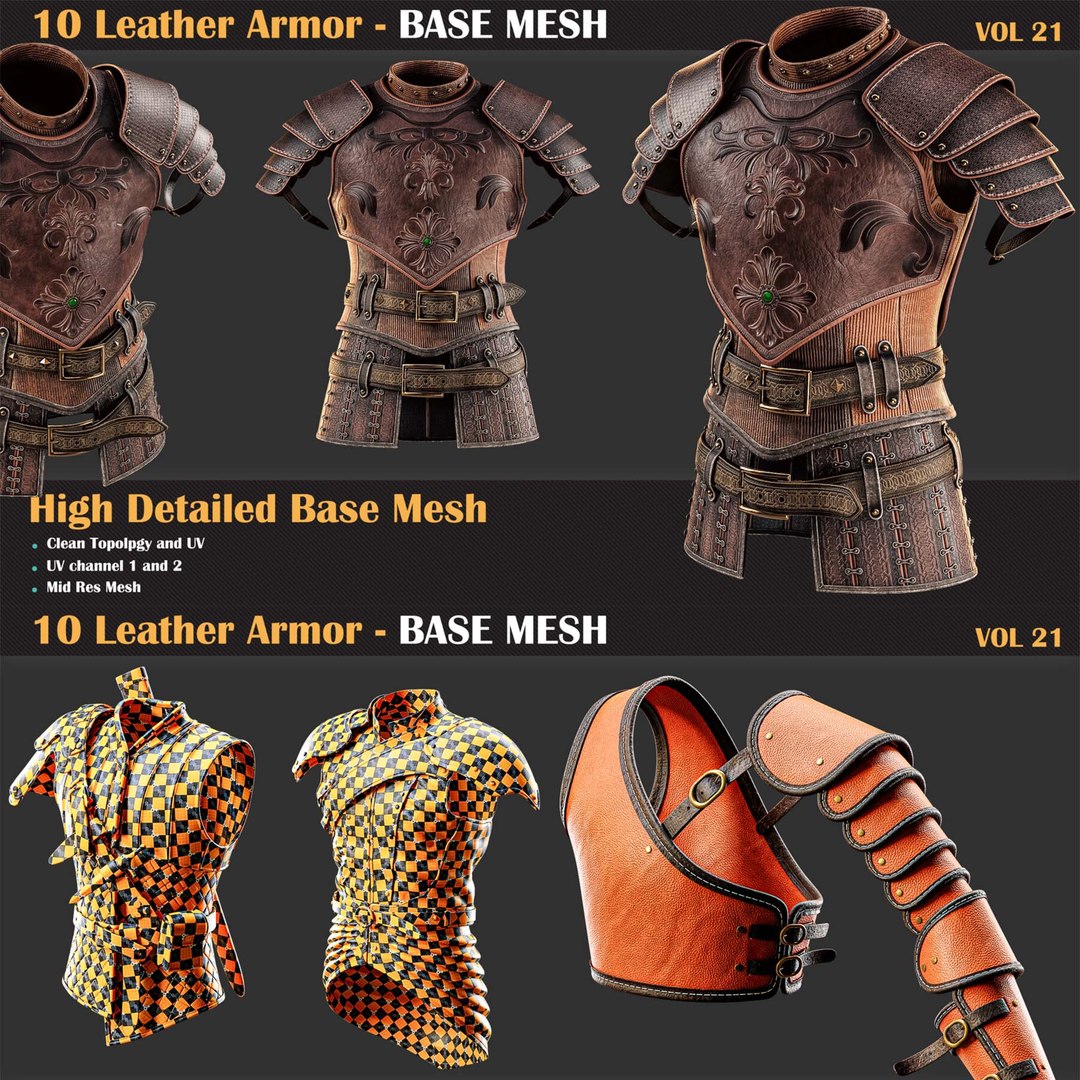 3D 10 High Detail Leather Armor BASE MESH - VOL 21 - TurboSquid 2247398