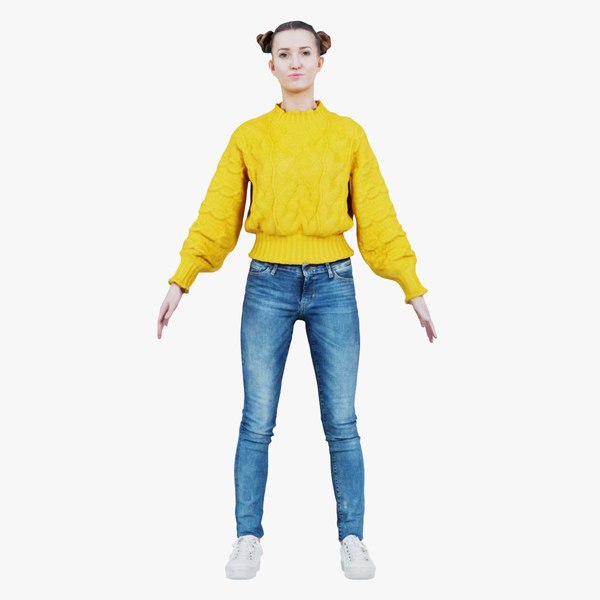 modelo 3d Mujer con cárdigan amarillo, zapatillas y vaqueros posando en ...